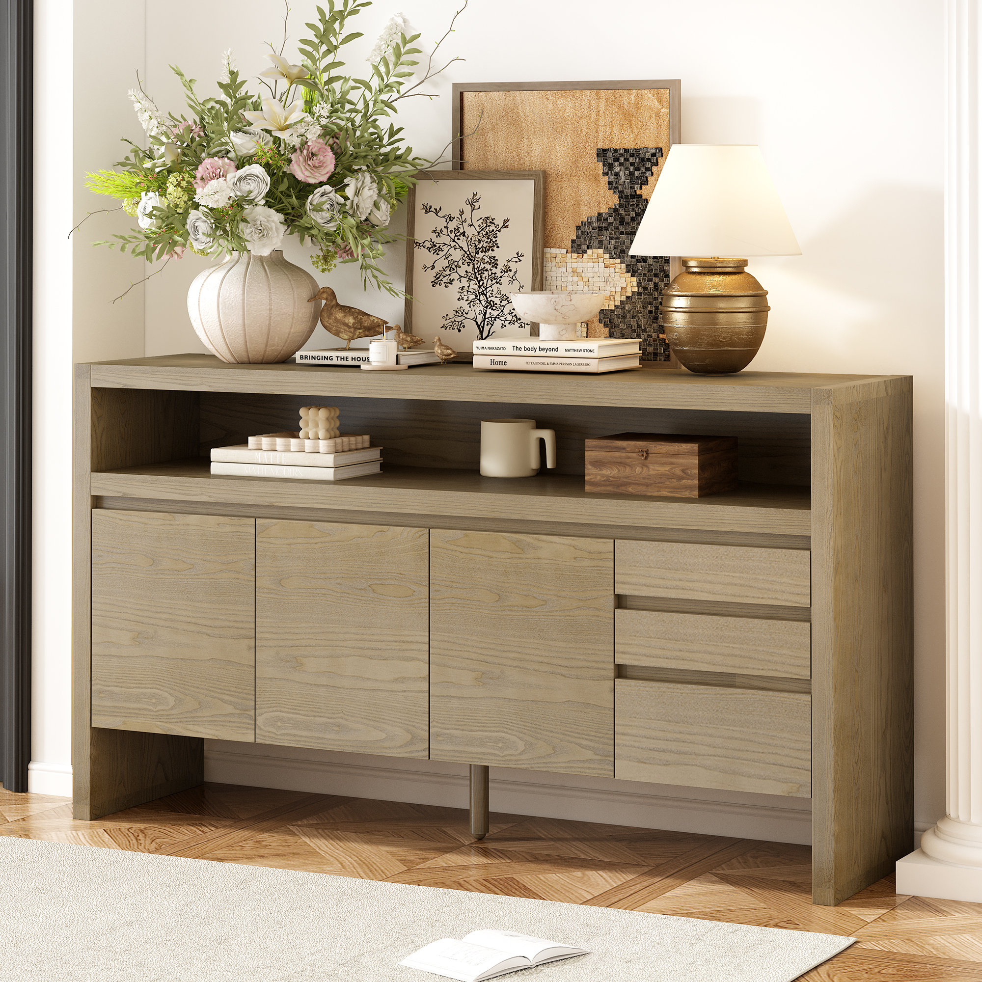 George Oliver U_Style 60" 3-Door Sideboard with 3 Drawers - Modern Solid Ash Veneer MDF ...